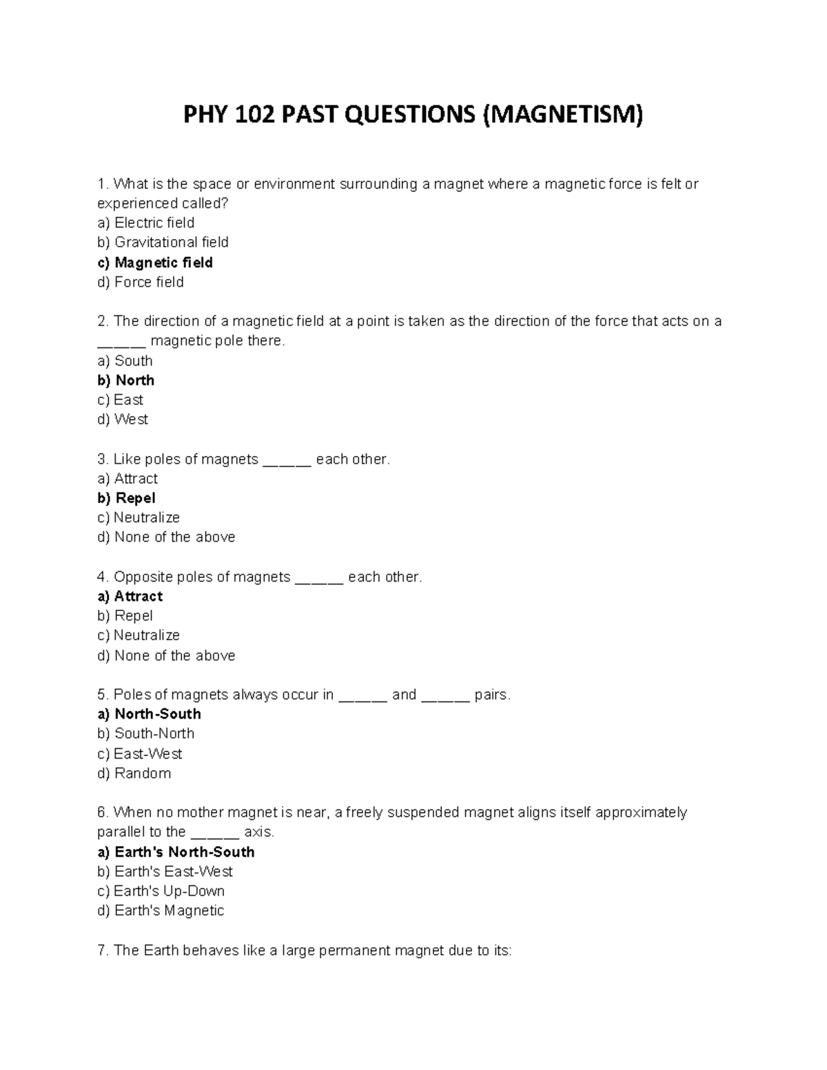 PHY 102 PAST QUESTIONS ON MAGNETISM AND MAGNETIC FIELDS - Studocu