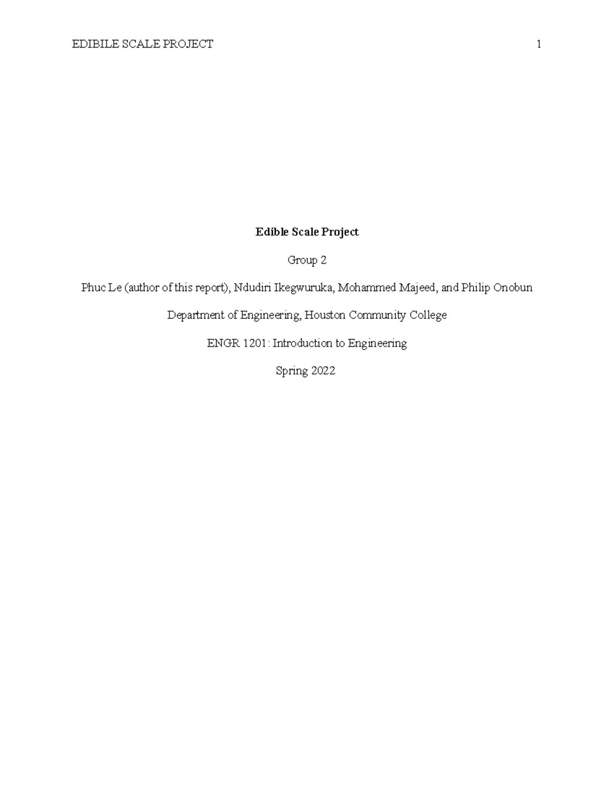 Edible Scale Project Final Report - ENGR 1201 Group 2 Overview - Studocu