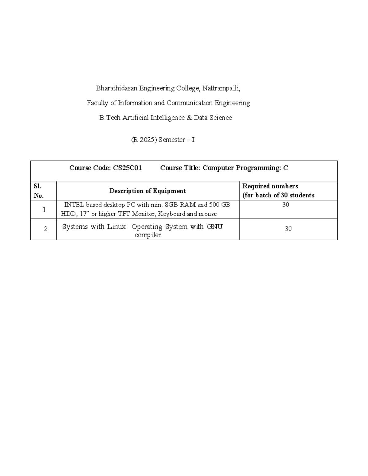 AIDS LAB Requirements for B.Tech AI & DS (R 2025) - Semester I & IV ...