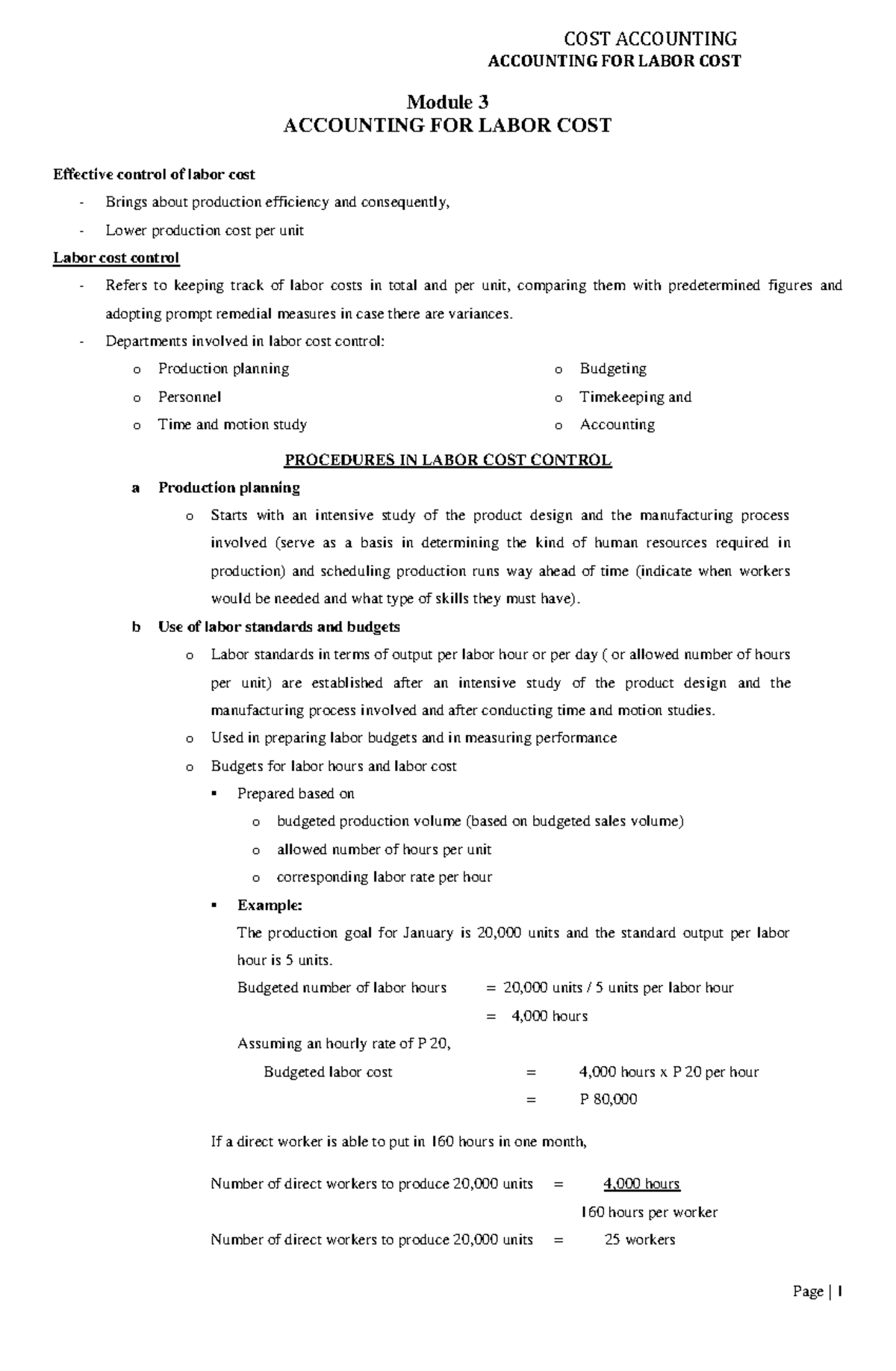 COST ACCOUNTING: Module 3 - Effective Control of Labor Costs - Studocu
