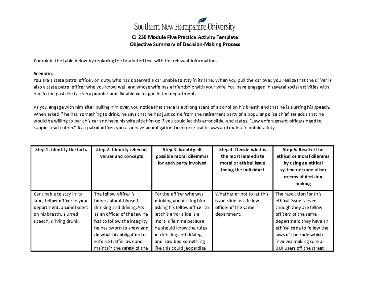 CJ 230 Module 5 Practice Activity: Decision-Making Process Summary ...