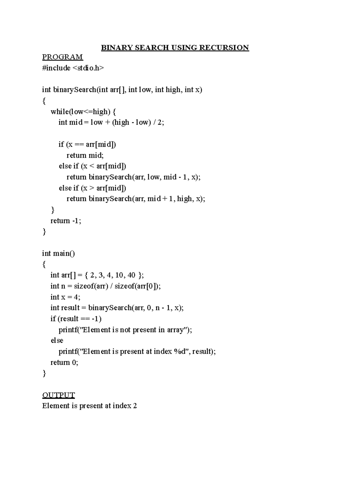 Binary Search Using Recursion - CS101 Lecture Notes - Studocu