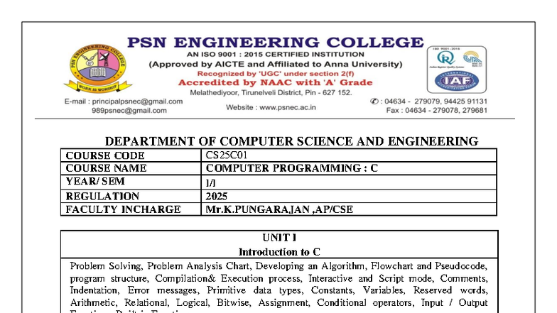 CS25C01 Computer Programming: C - Question Bank and Study Guide - Studocu