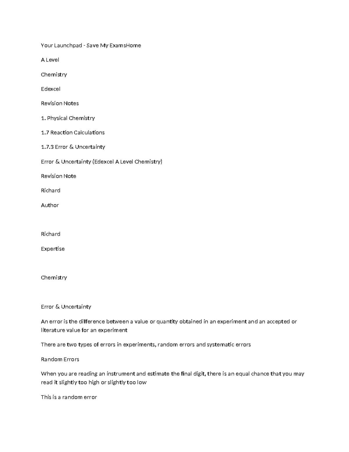 Edexcel A Level Chemistry Revision: Errors & Uncertainty Notes - Studocu