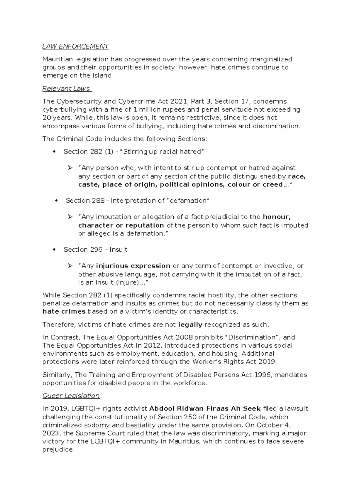 HATE Crimes and LAW Enforcement in Mauritius: Legal Perspectives and ...