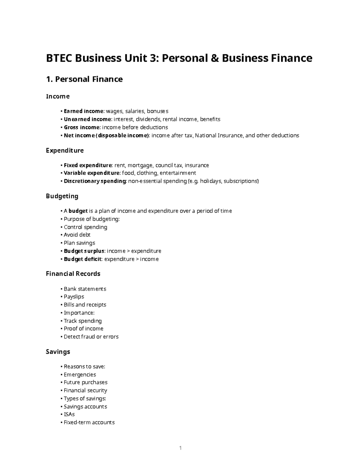 BTEC Business Unit 3: Personal & Business Finance Study Notes - Studocu