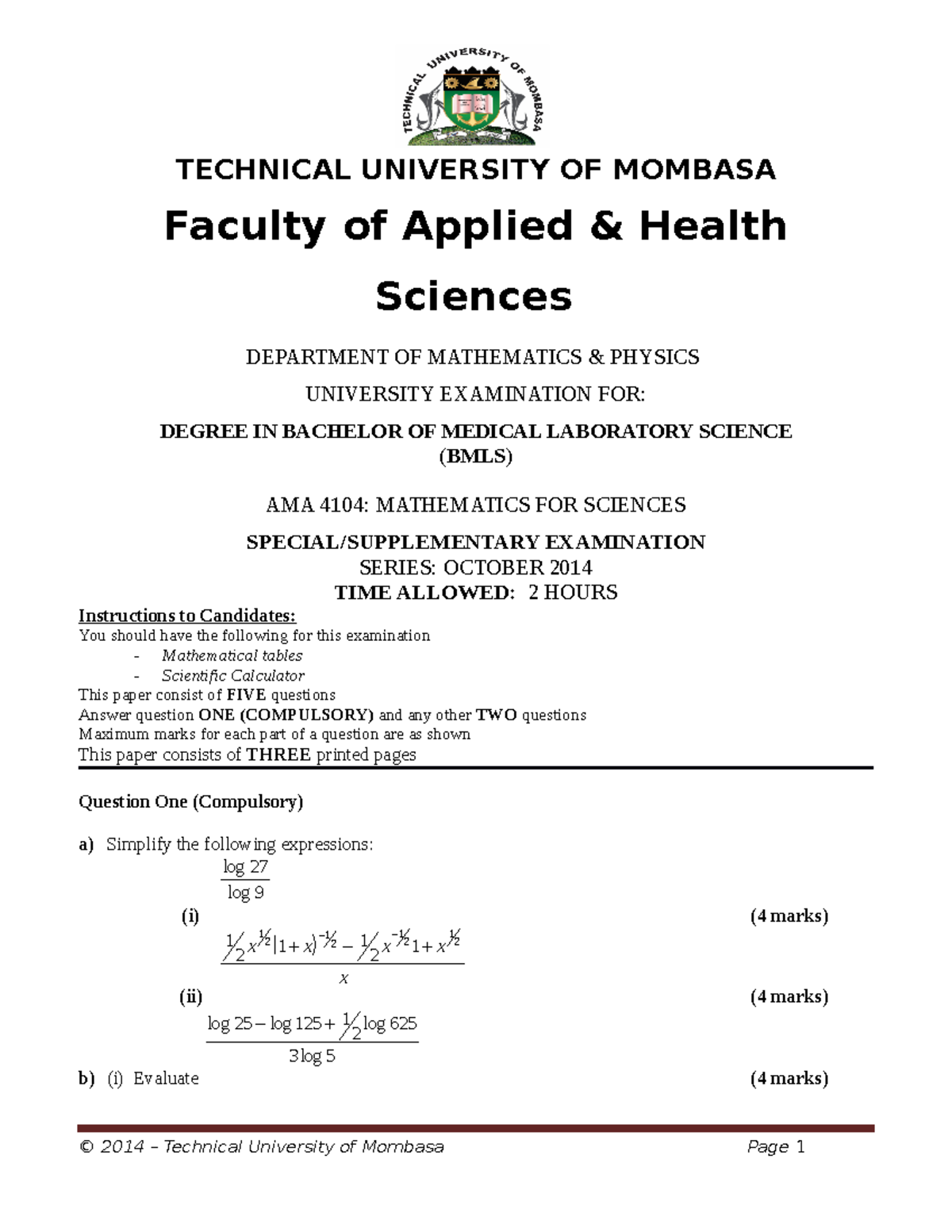 Mathematics FOR Sciences AMA 4104 - TECHNICAL UNIVERSITY OF MOMBASA ...