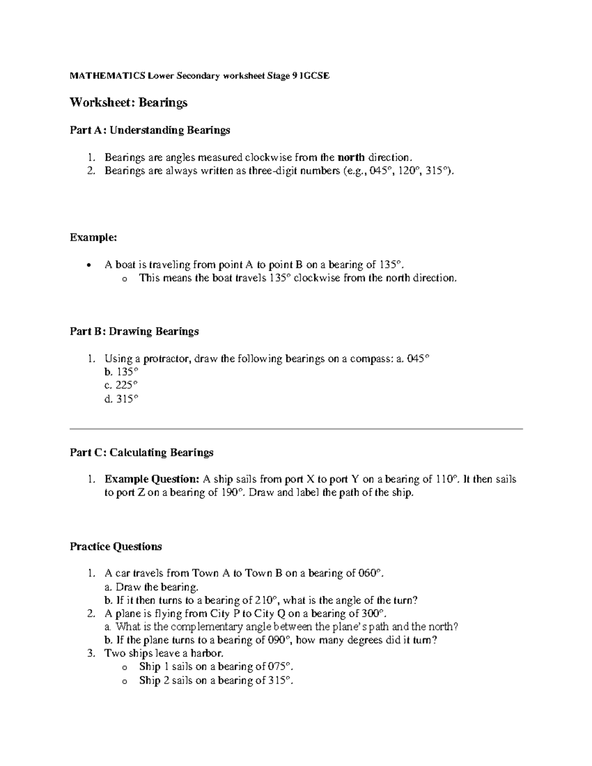 Bearings - Cambridge Lower Secondary Stage 9 Practice Worksheet - Studocu