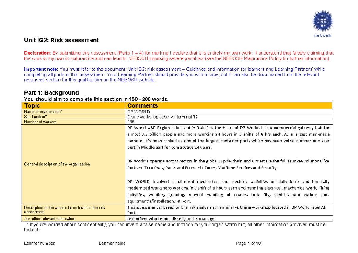 Risk-assessment compress - Unit IG2: Risk assessment Declaration: By ...