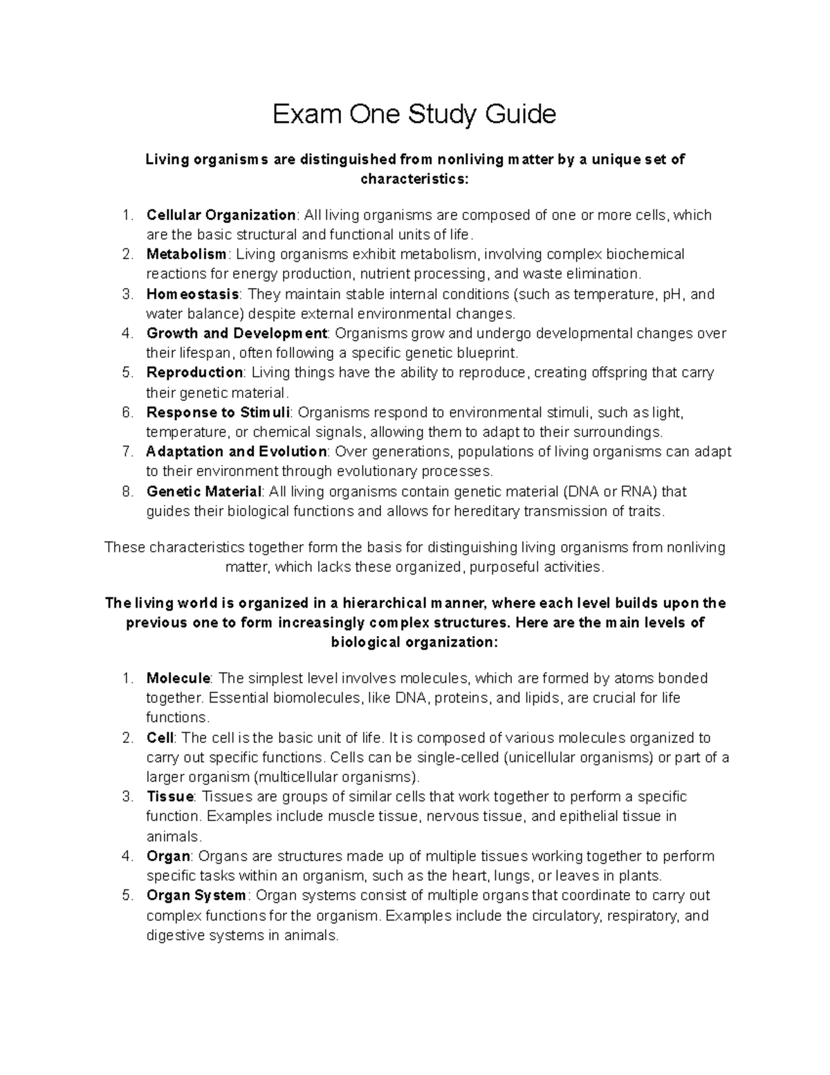 Biology 101: Exam One Study Guide and Key Concepts Summary - Exam One ...