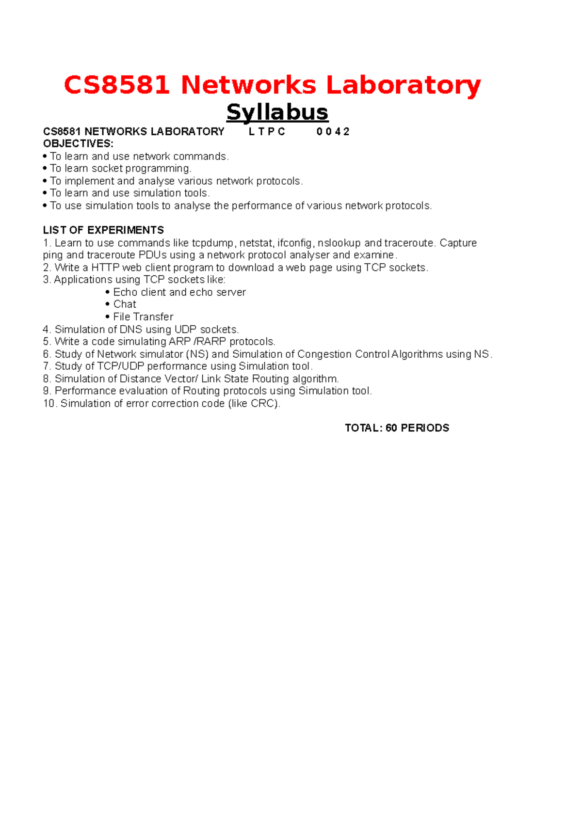 CS8581 Networks Laboratory Syllabus and Experiment Overview - Studocu