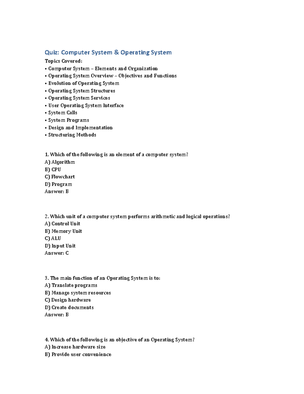 OS Quiz: Computer System & Operating System Topics (25 Qs) - Studocu