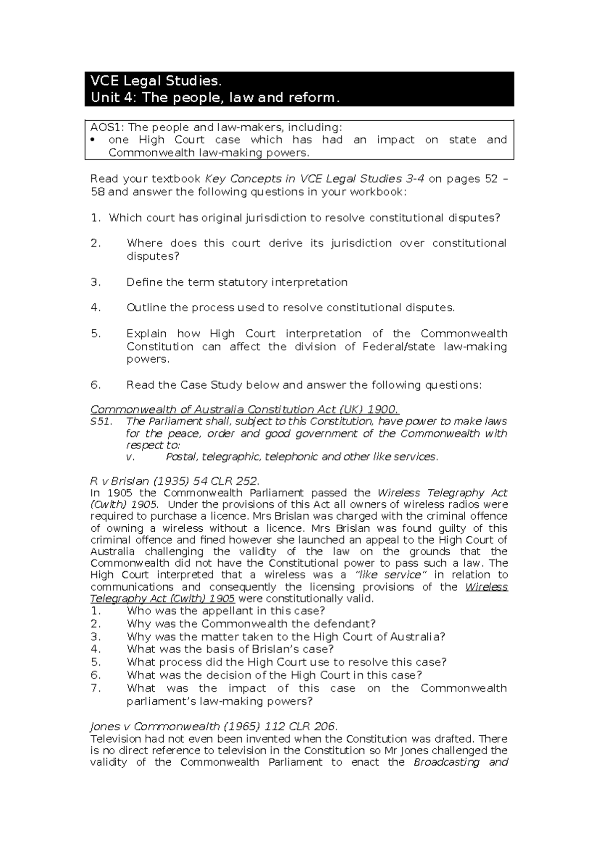 VCE Legal Studies Unit 4: High Court Case WS Analysis - Studocu
