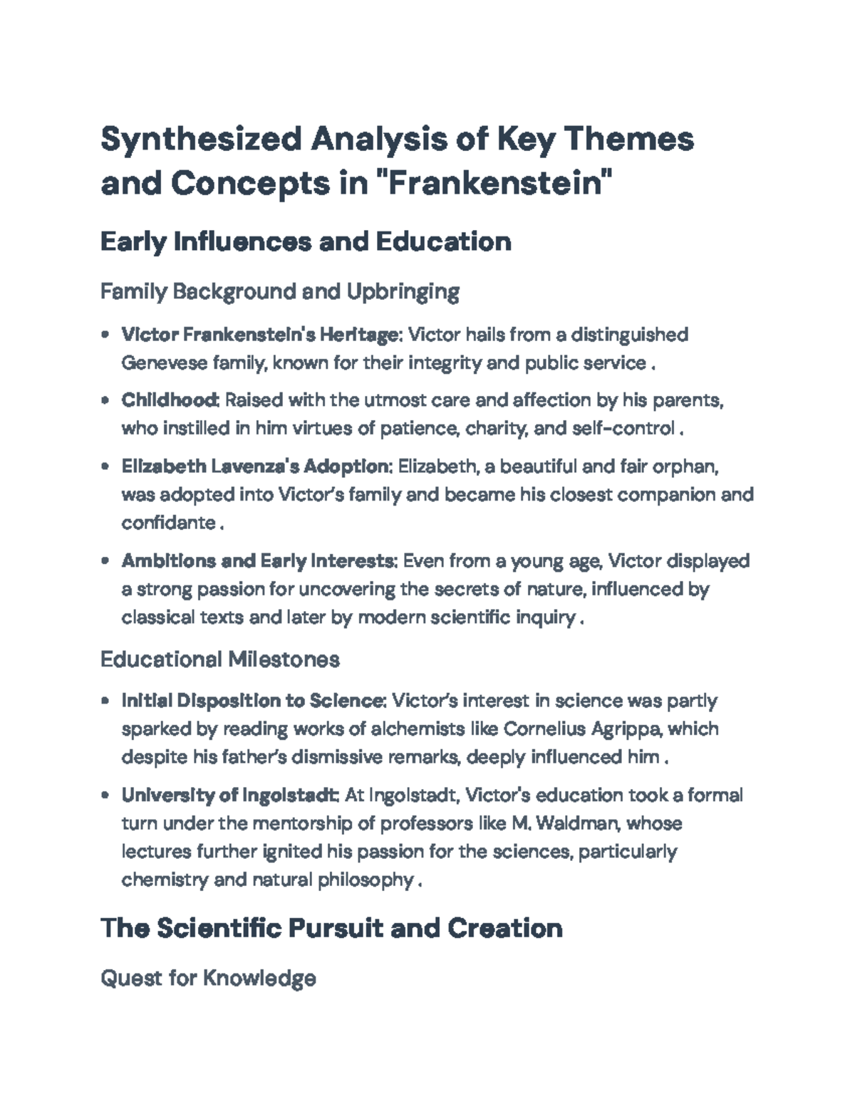 Synthesis of Key Themes and Ethical Considerations in "Frankenstein ...