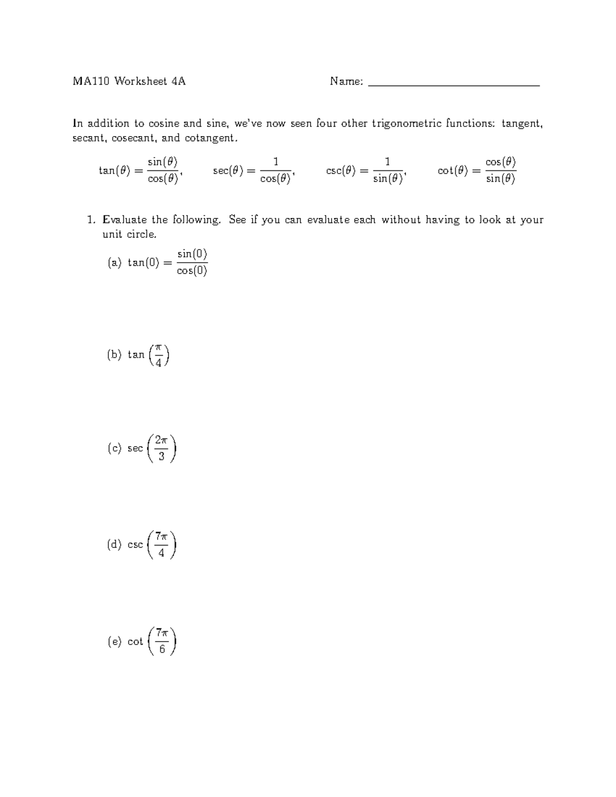 MA110 Trigonometric Functions Worksheet 4A - Studocu