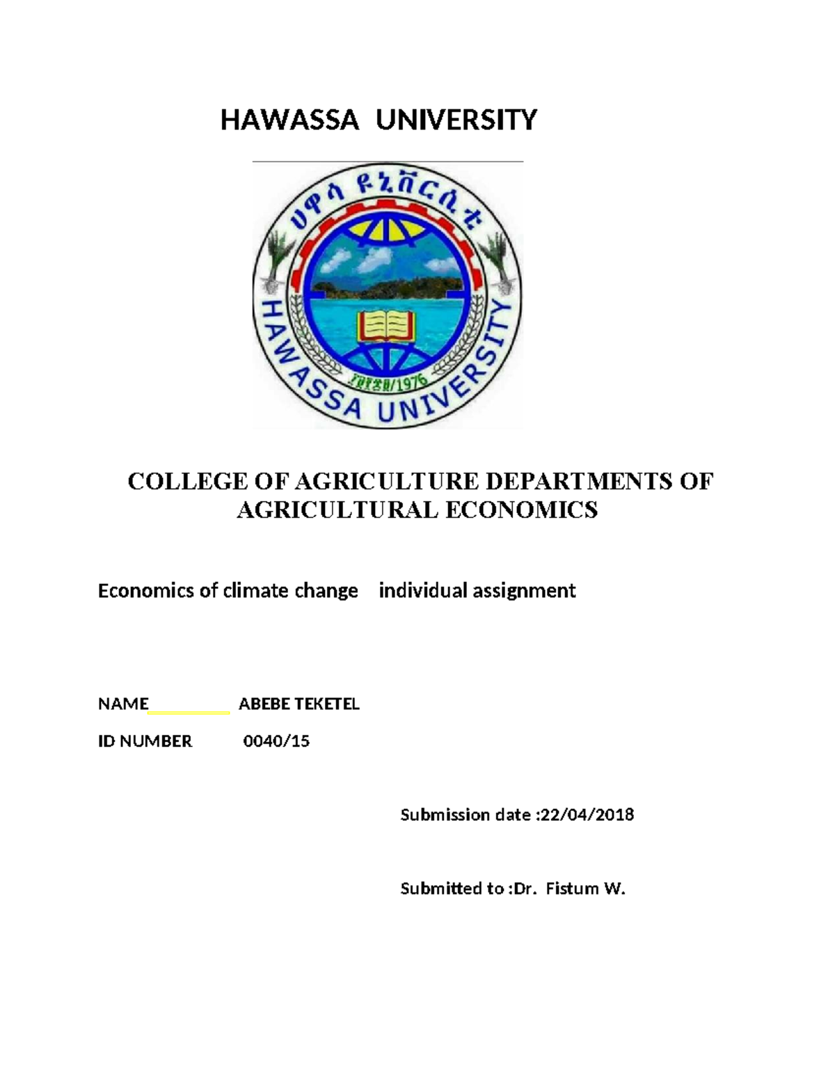 Economics of Climate Change: Individual Assignment - HAWASSA UNIVERSITY ...
