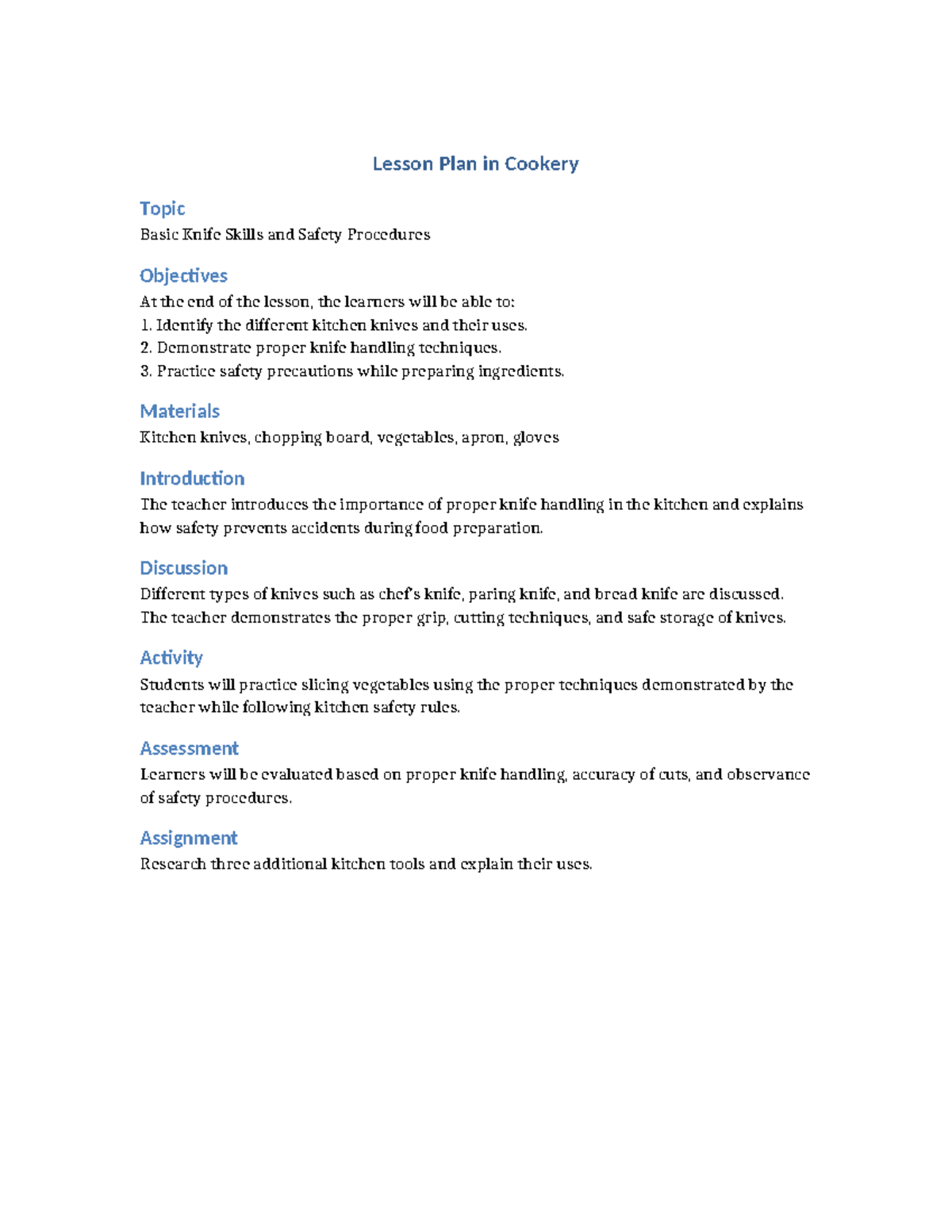 Cookery Lesson Plan: Basic Knife Skills & Safety Procedures - Studocu