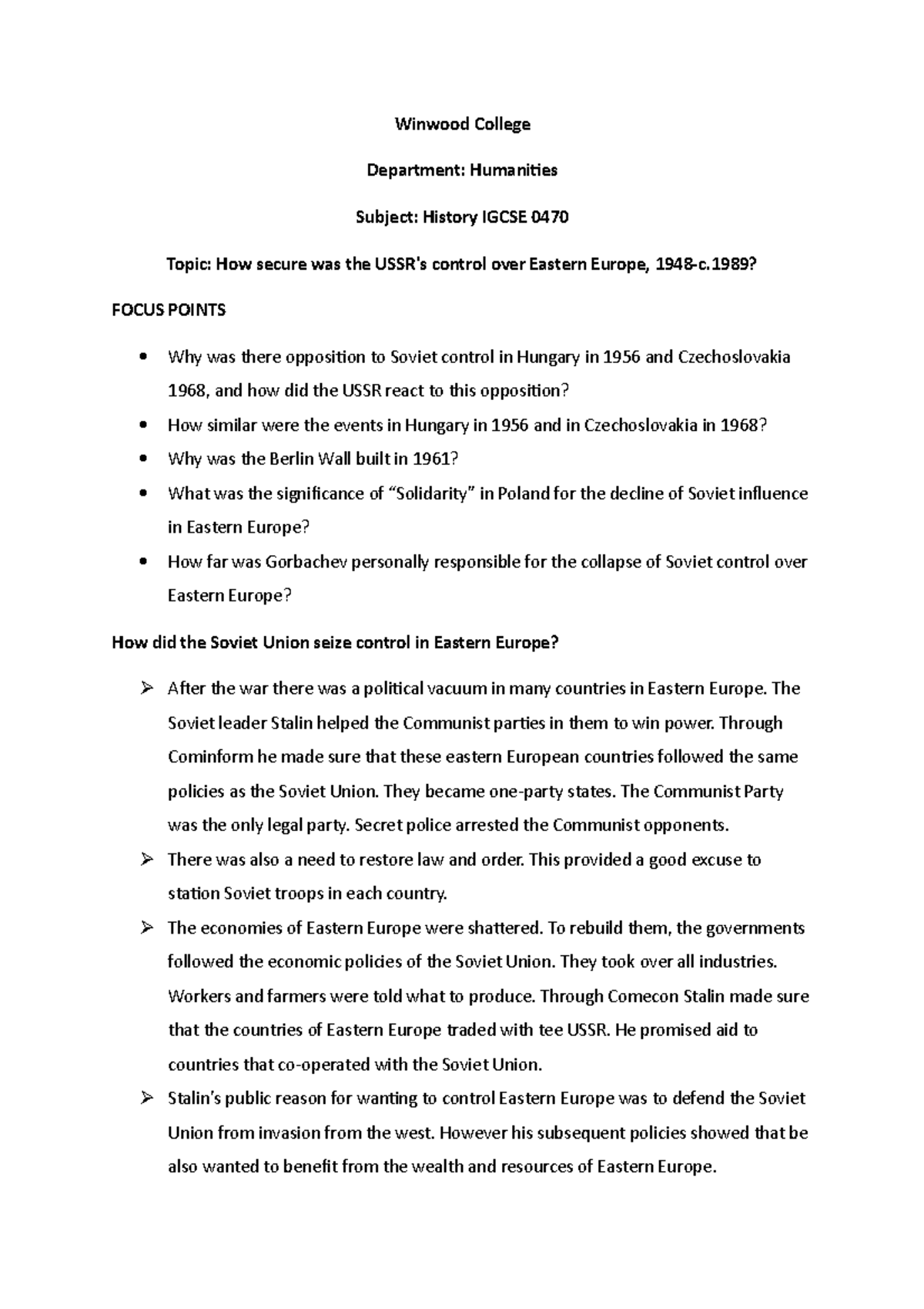 IGCSE History 0470: Security of USSR's Control in Eastern Europe (1948 ...