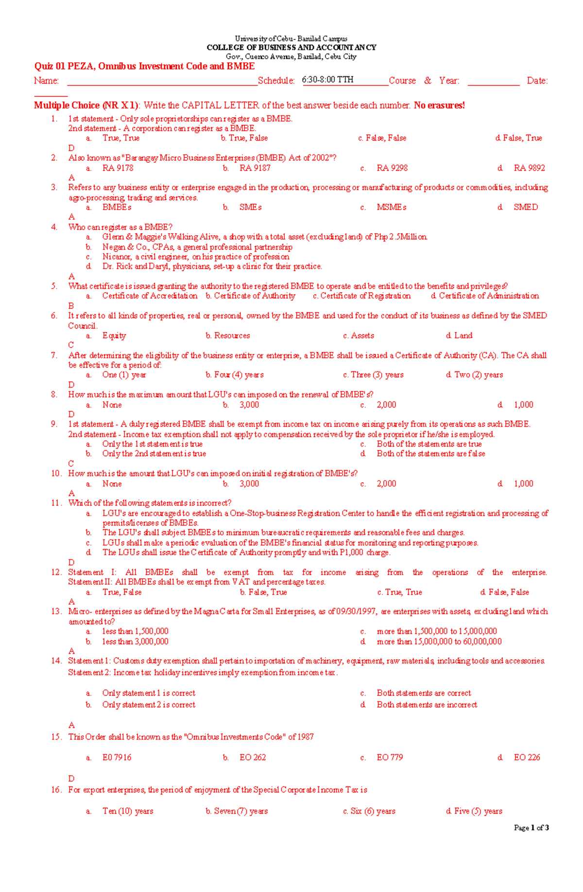 Quiz 01: PEZA, Omnibus Investment Code & BMBE - Key Answers - Studocu