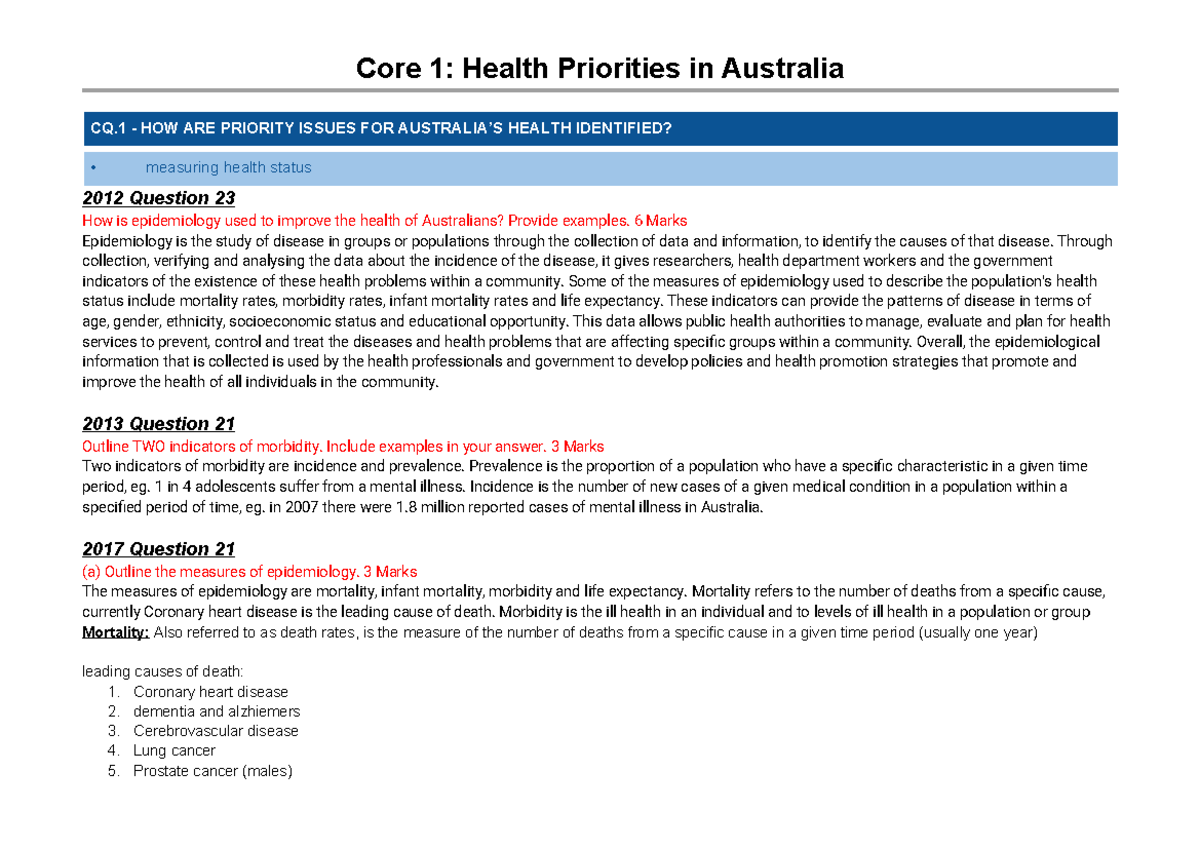 Core 1: Health Priorities in Australia - CQ.1 Epidemiology & Health ...