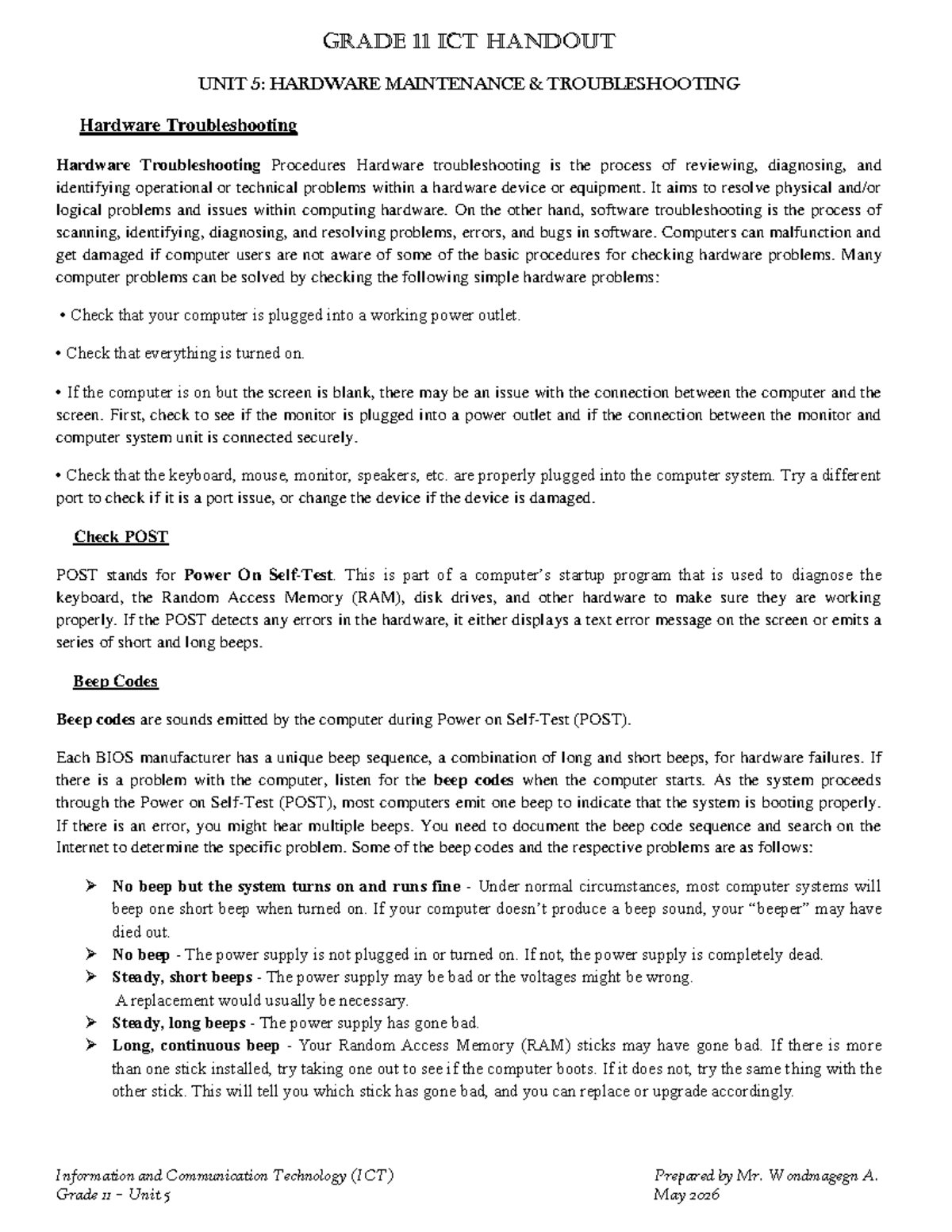 GRADE 11 ICT UNIT 5: HARDWARE MAINTENANCE & TROUBLESHOOTING GUIDE - Studocu