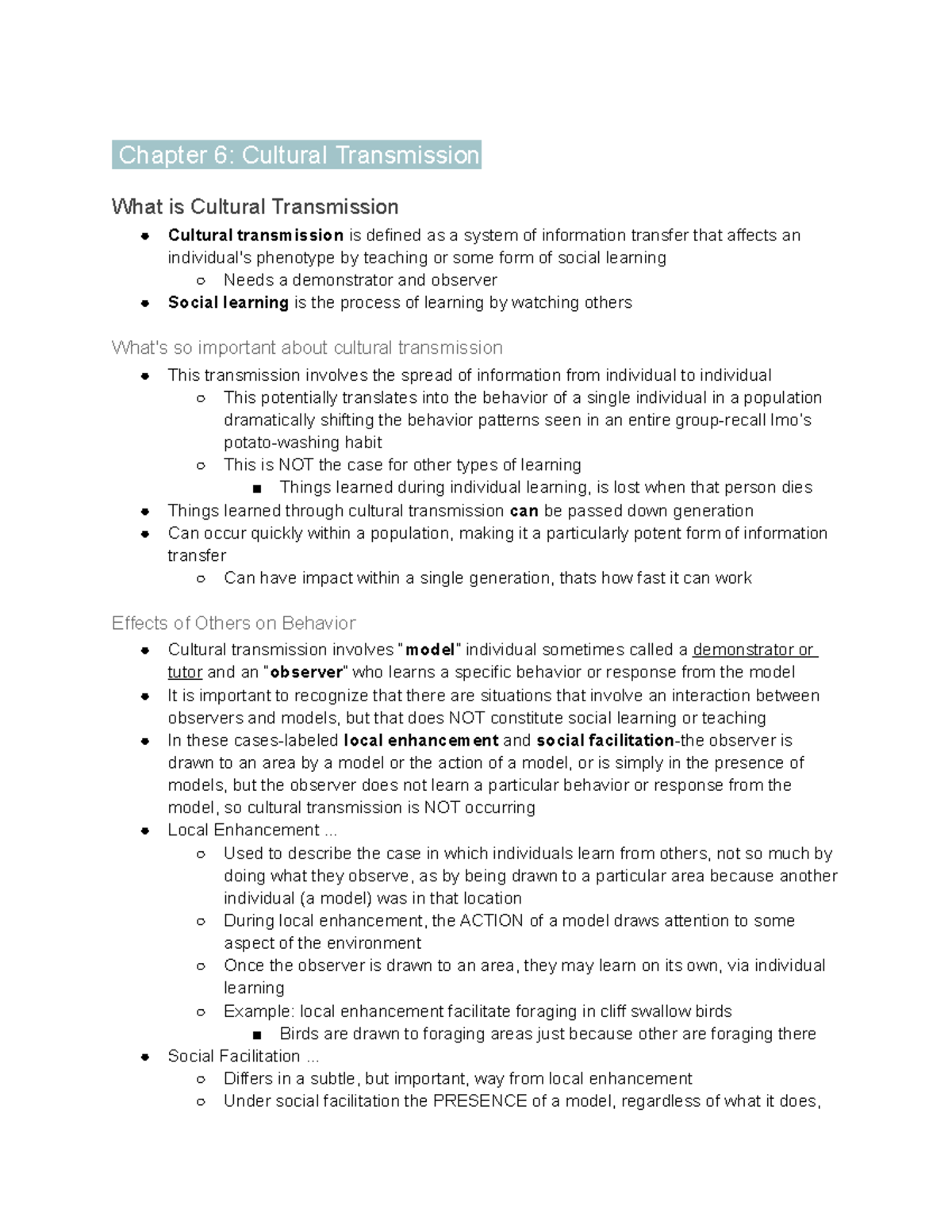 exam 2 textbook - Chapter 6: Cultural Transmission What is Cultural ...