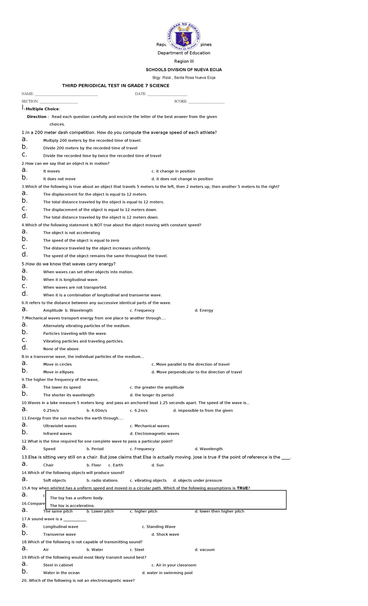 Grade 7 Science Third Periodical Test (Regular) - Studocu