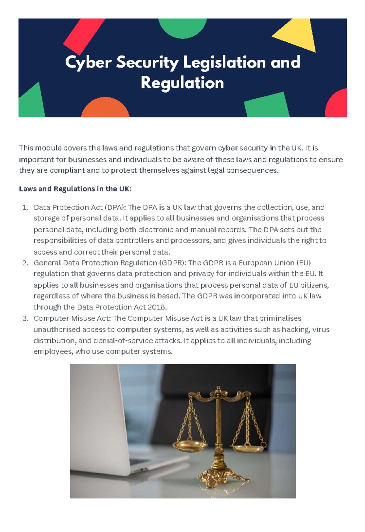 Cyber Security Legislation & Regulation Overview (CS101) - Studocu