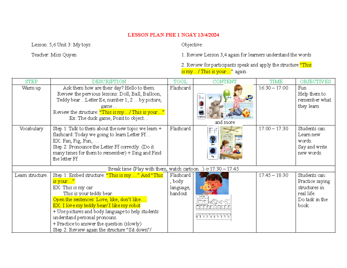 Lesson PLAN PRE 1 UNIT 2 Lesson 5,6 - LESSON PLAN PRE 1 NGÀY 13/4 ...