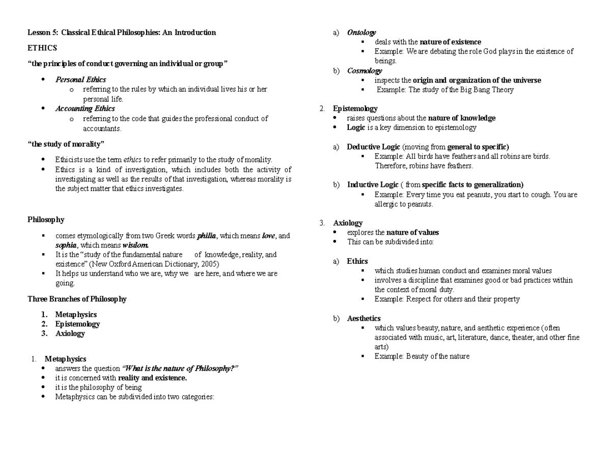 Lesson 5 Classical Ethical Philosophies - Lesson 5: Classical Ethical ...