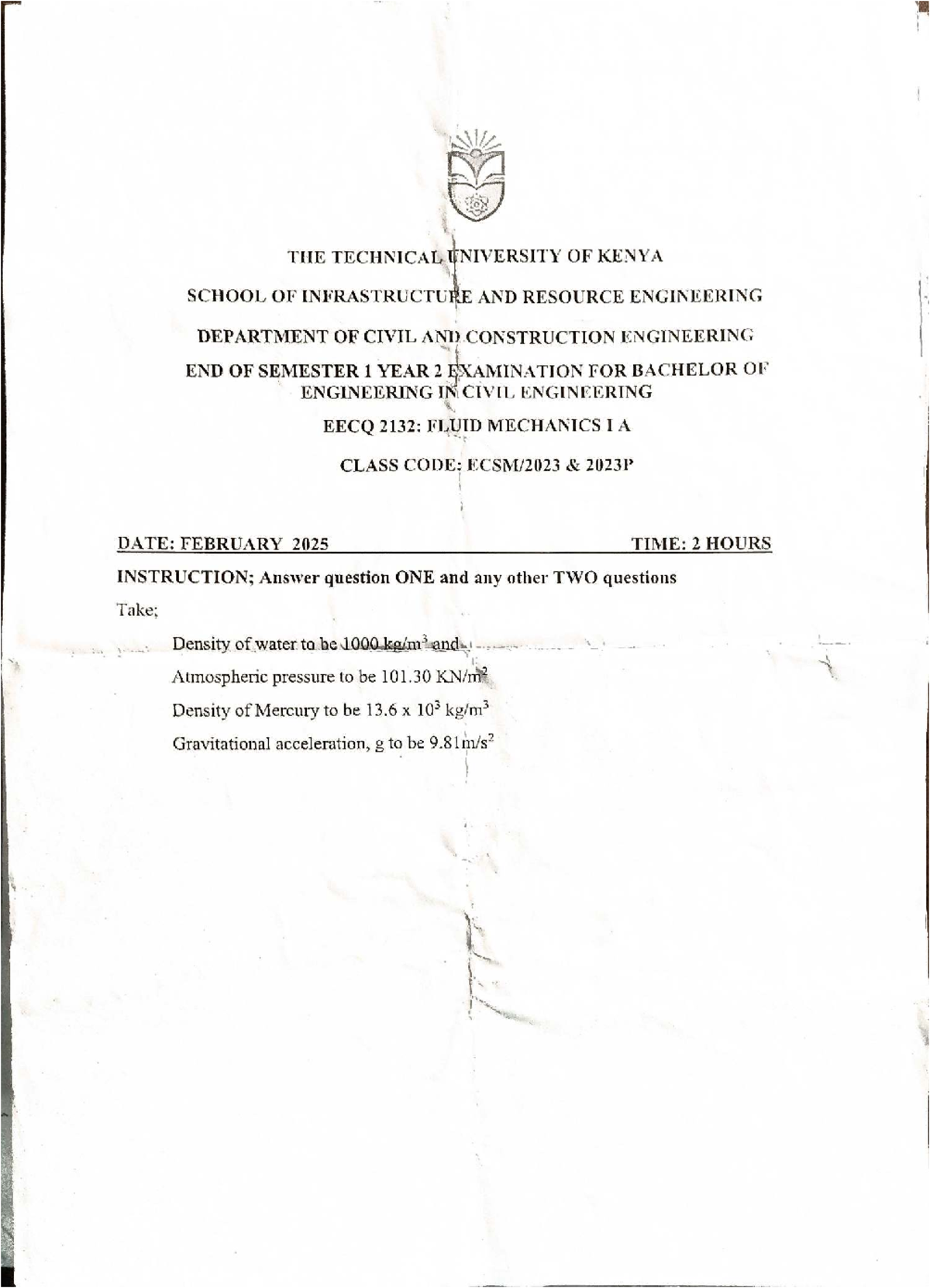 EECQ 2132: Fluid Mechanics I - End of Semester Exam Notes - Studocu