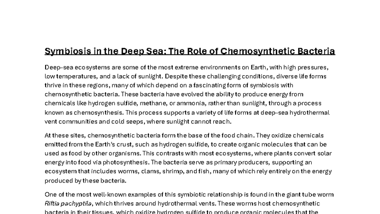 Chemosynthetic Bacteria: Symbiosis in Deep Sea Ecosystems - Studocu