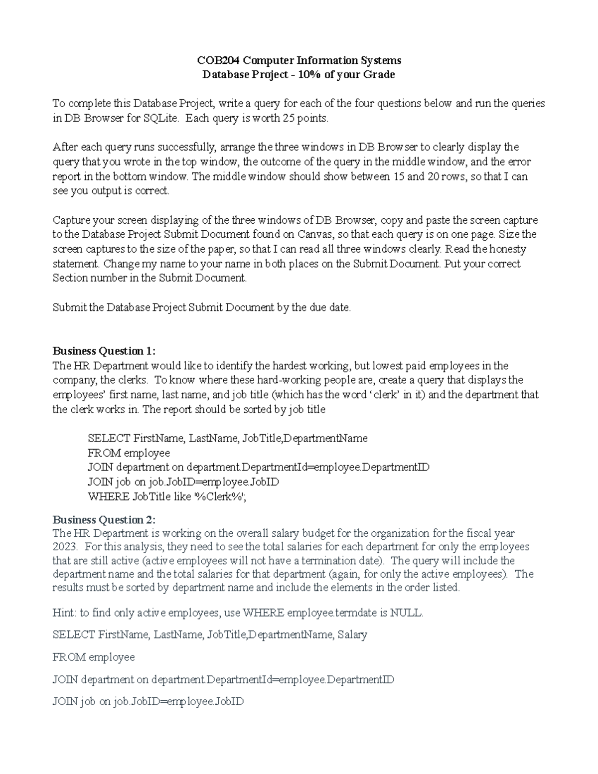 COB204 Database Project - COB204 Computer Information Systems Database Project - 10% of your ...