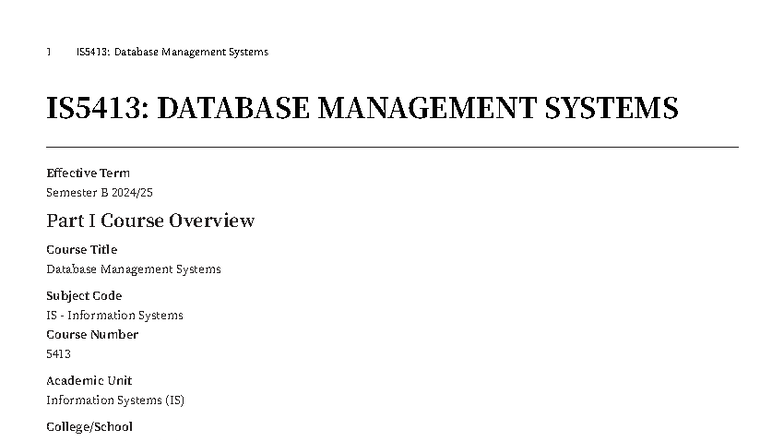 IS5413: Database Management Systems Course Overview and Notes - Studocu