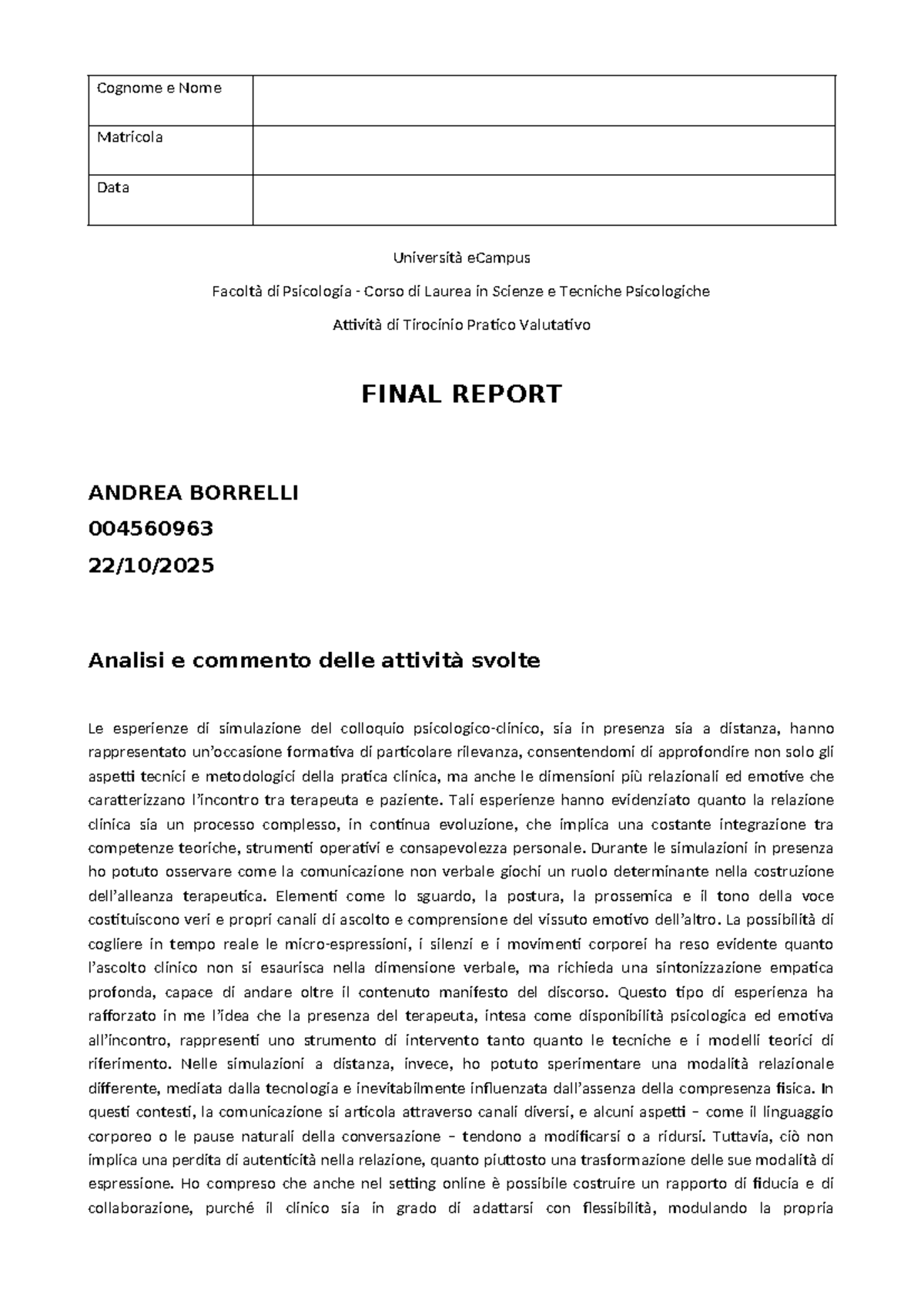 Final Report on Practical Internship Activities - PSY 004560963 - Studocu