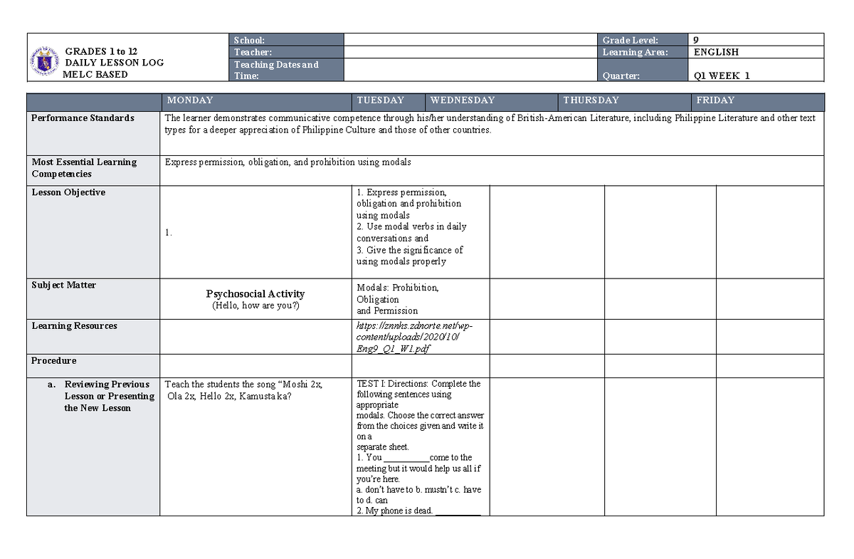 DLL ENG9 Q1 W1 - Lesson Log on Modals and Communication Skills - Studocu