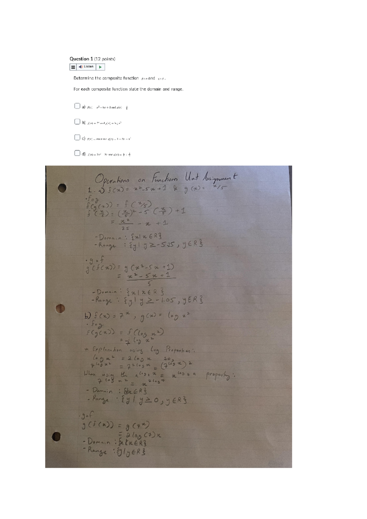 Operations on Functions Unit Assignment - Composite Functions & Properties - Studocu