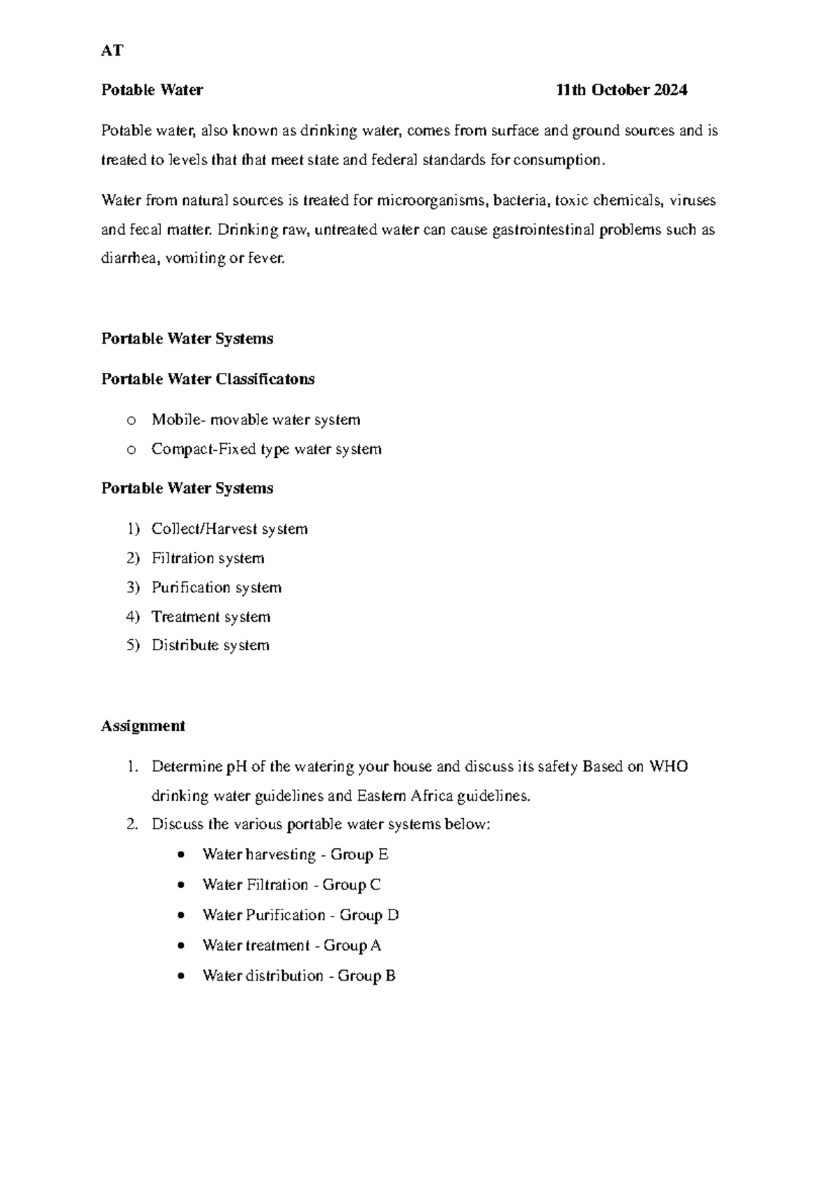 Portable Water Systems - Overview and Classifications (AT) - Studocu