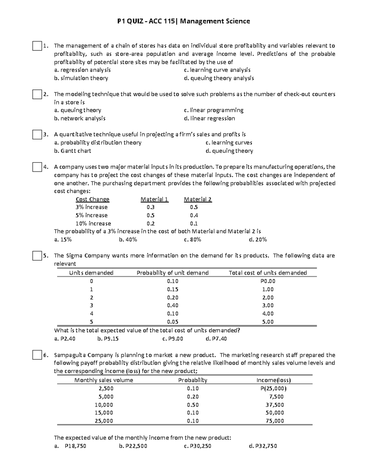 ACC115 P1 Quiz: Management Science Concepts and Applications - Studocu
