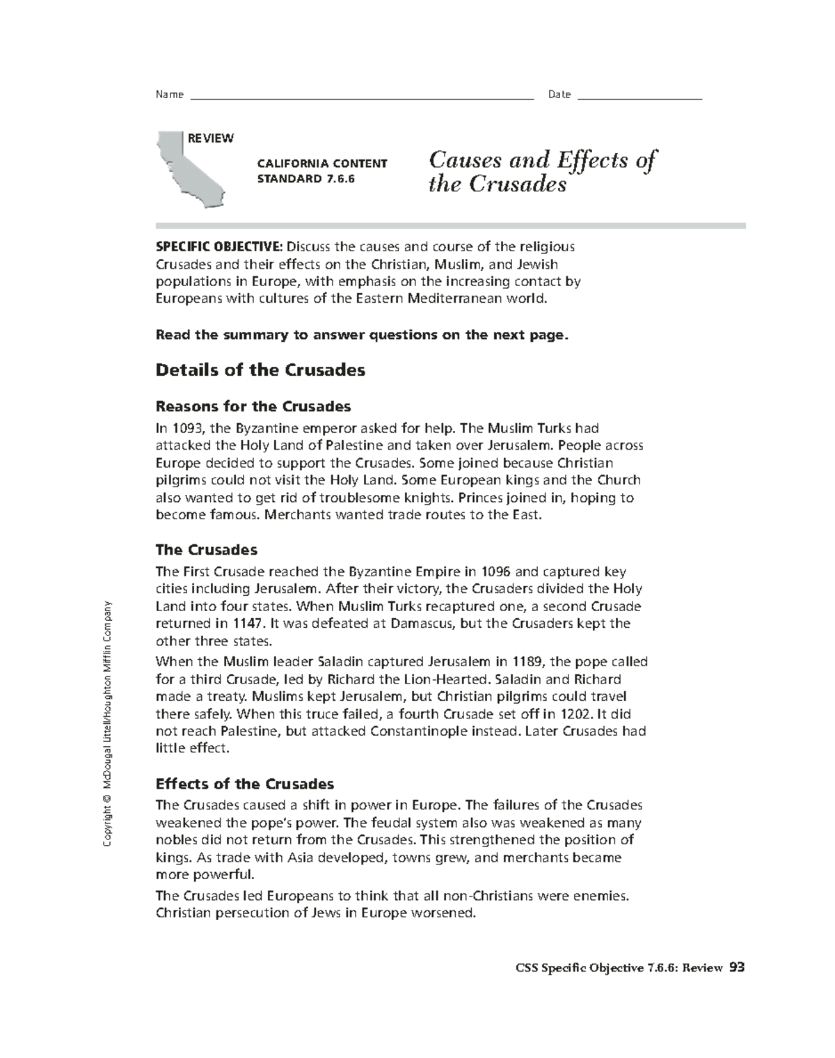 Causes and Effects of the Crusades Worksheet - CSS 7.6.6 Review - Studocu