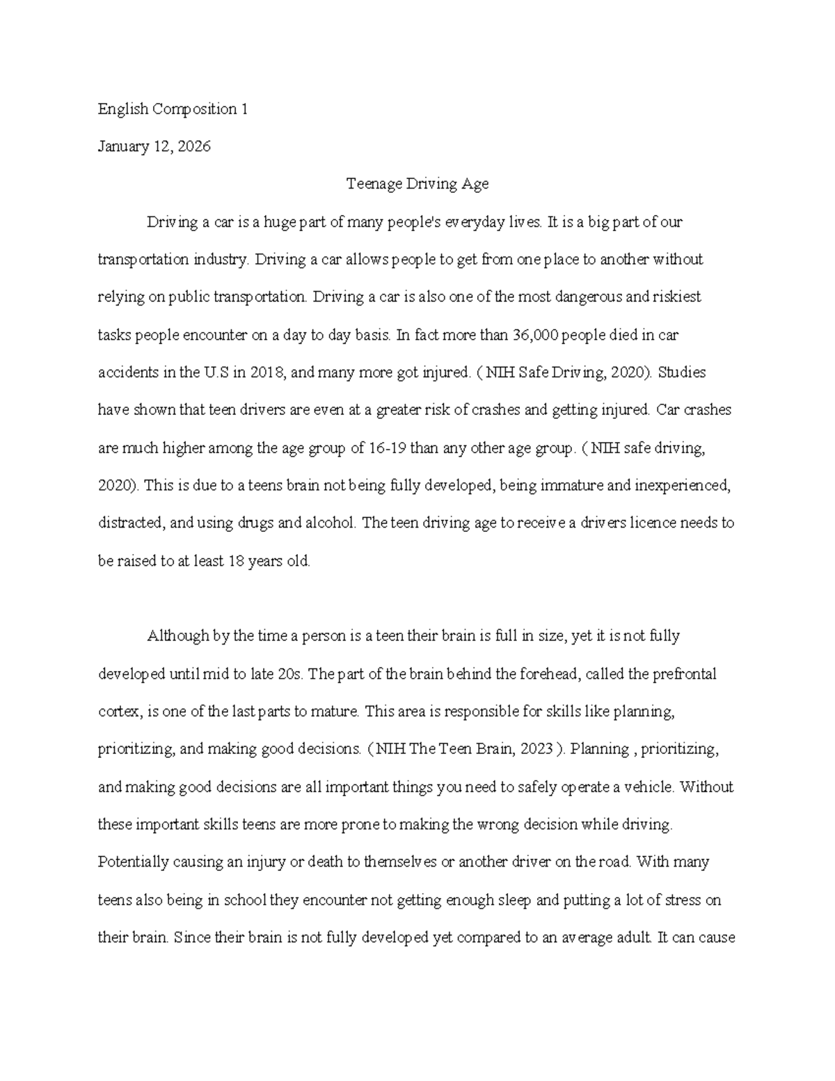 English Composition 1: Argumentative Essay on Raising the Teen Driving ...