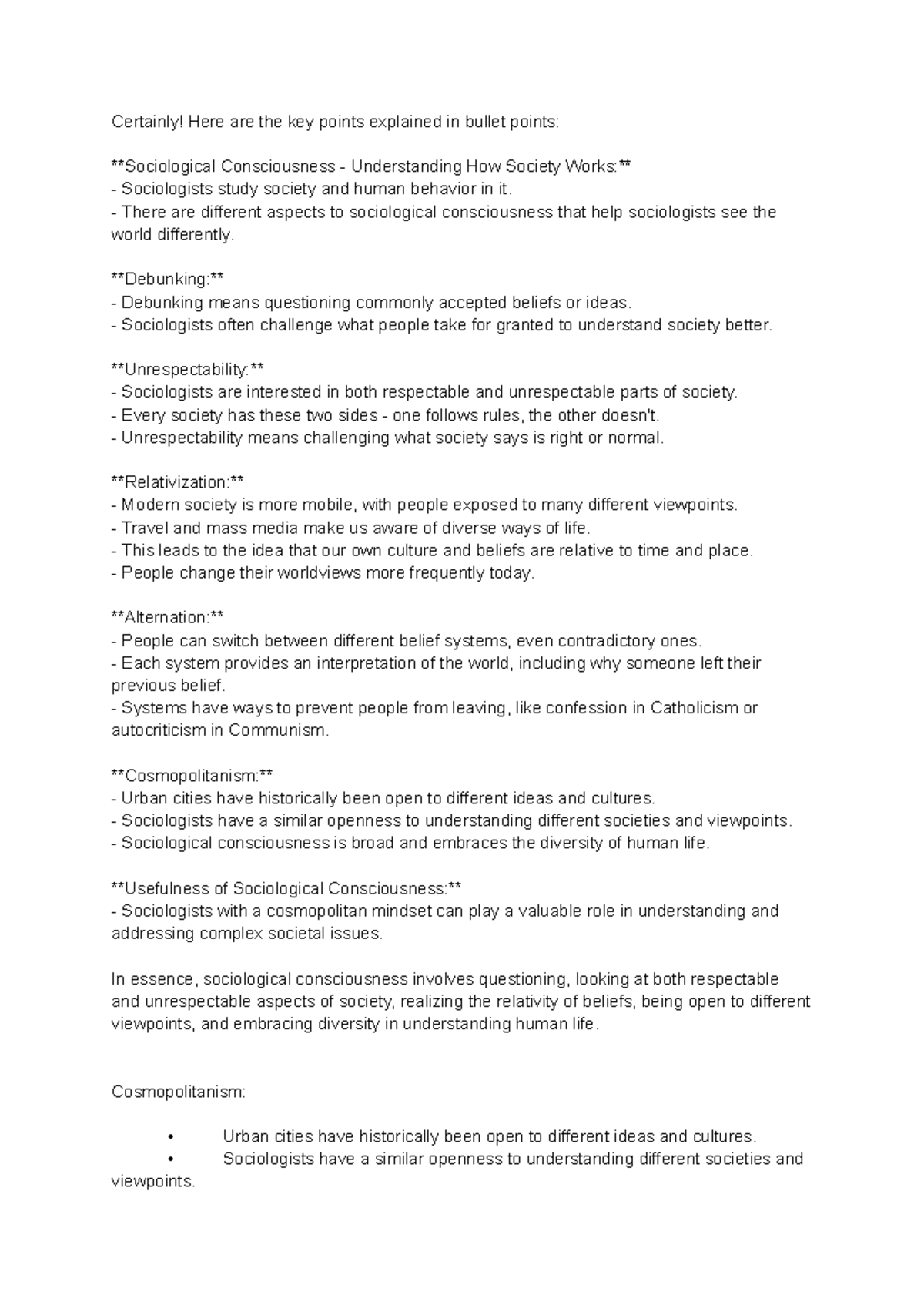 SOC 101 - Summary of Key Concepts in Sociological Consciousness - Studocu