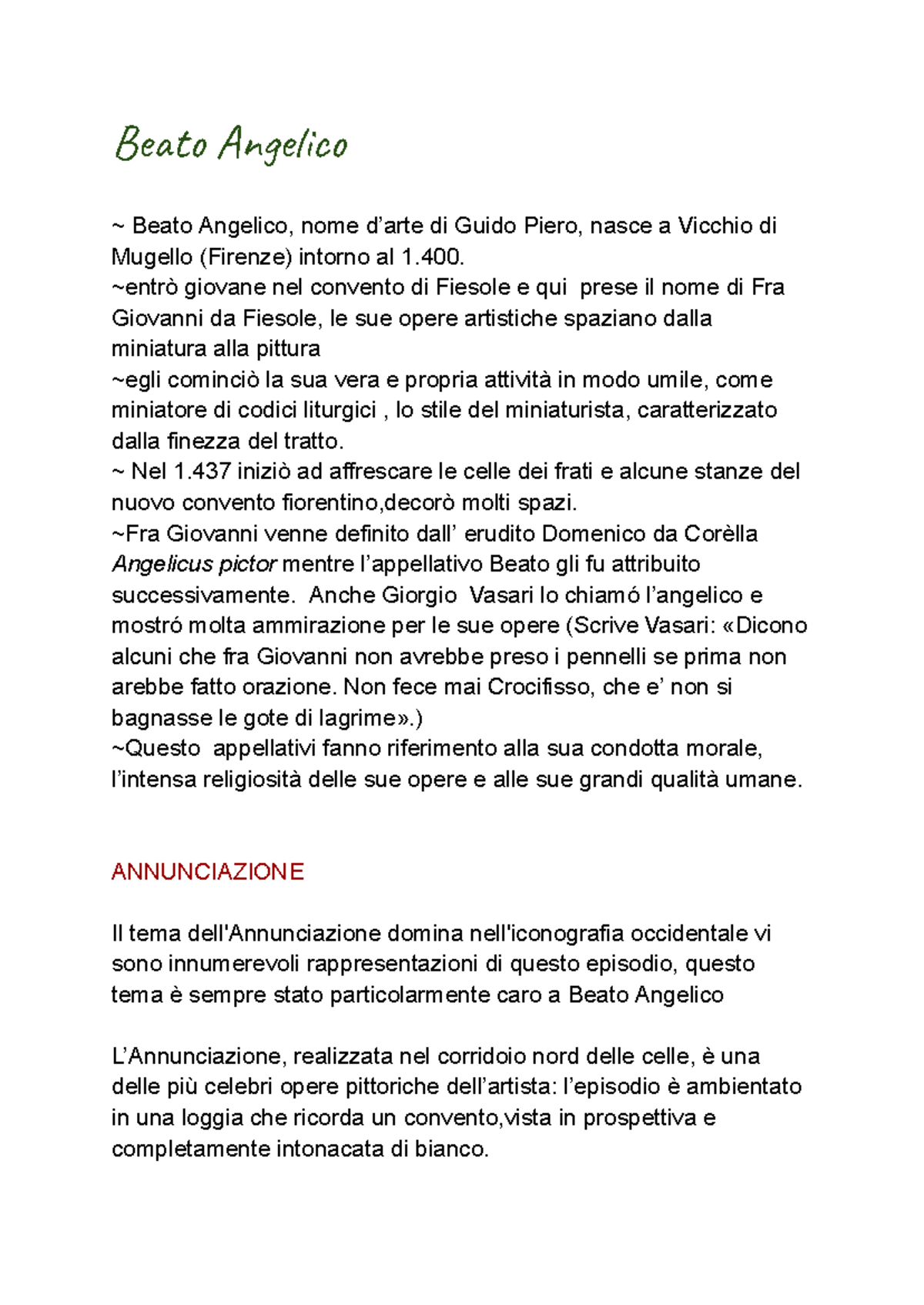 Beato Angelico: Analisi delle Opere e Stile Artistico - Studocu