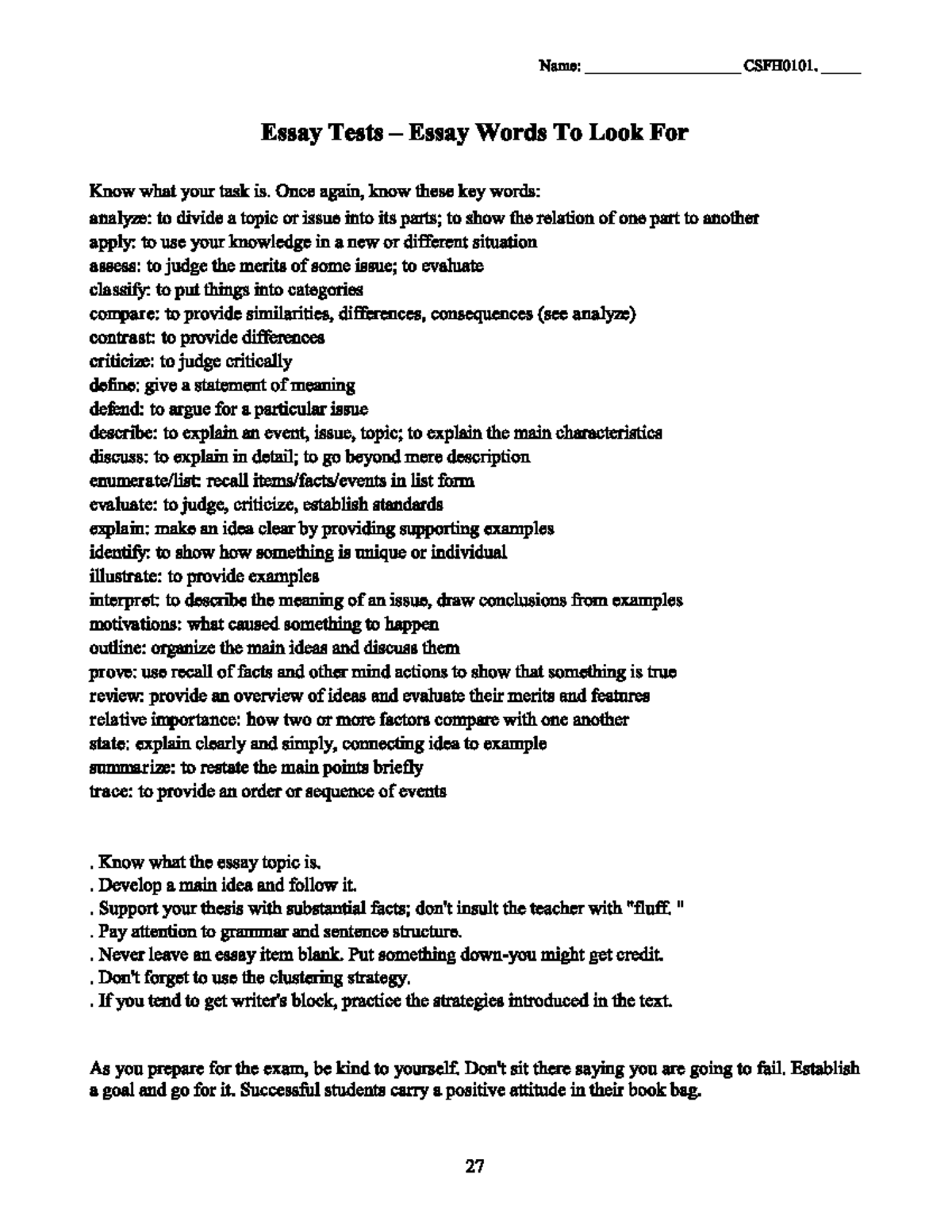 CSFH0101. Essay Tests: Key Words & Test-Taking Strategies - Studocu