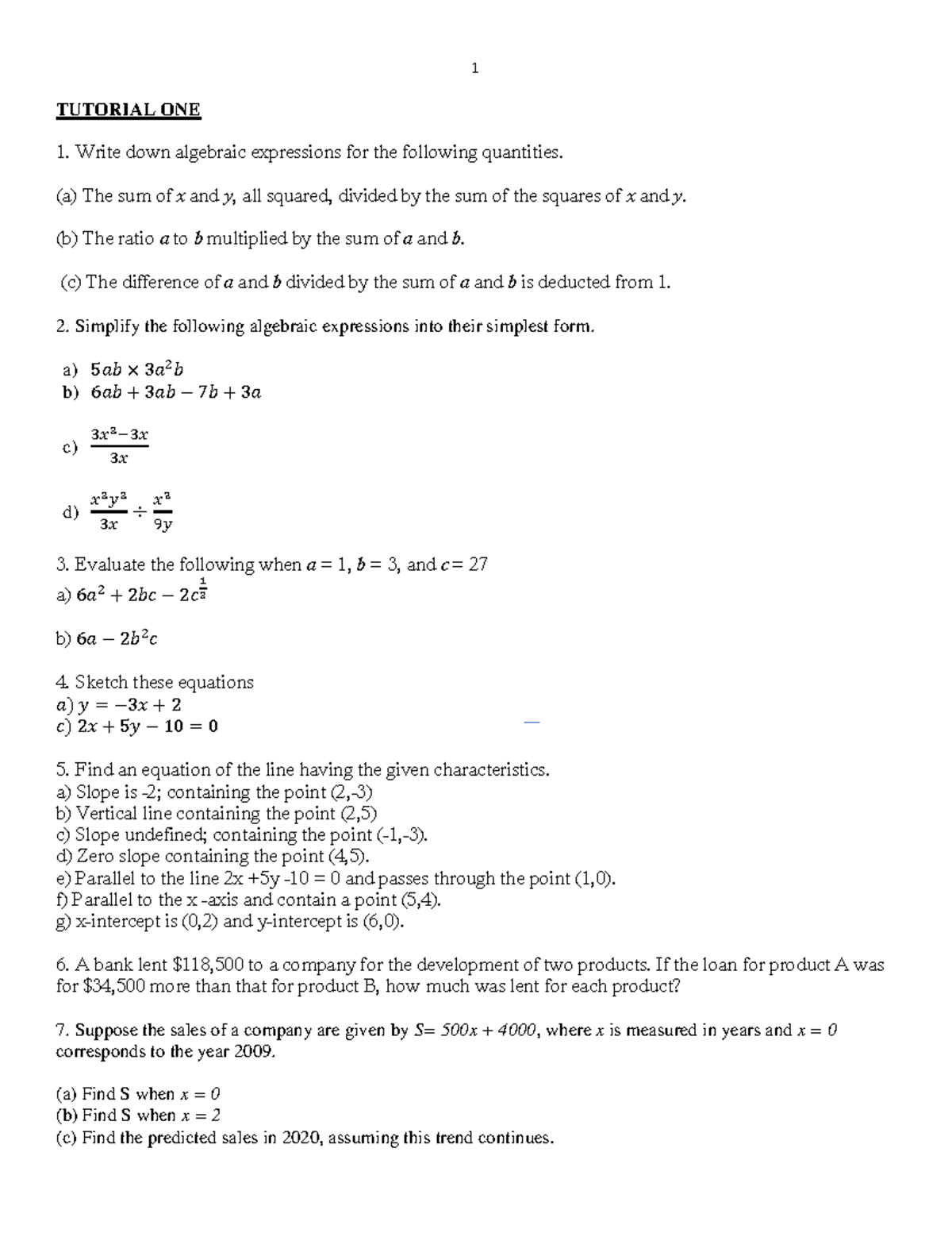 FM101 Tutorial 1 Questions - 1 TUTORIAL ONE Write down algebraic ...