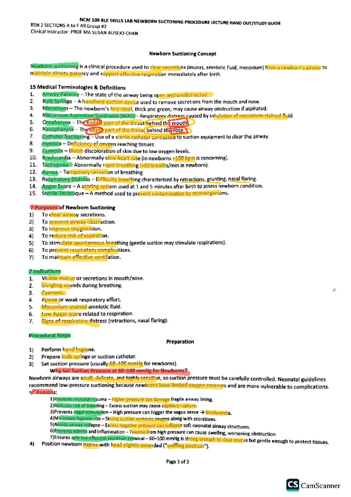 NCM 109 RLE Newborn Suctioning Procedure Lecture Guide - Studocu
