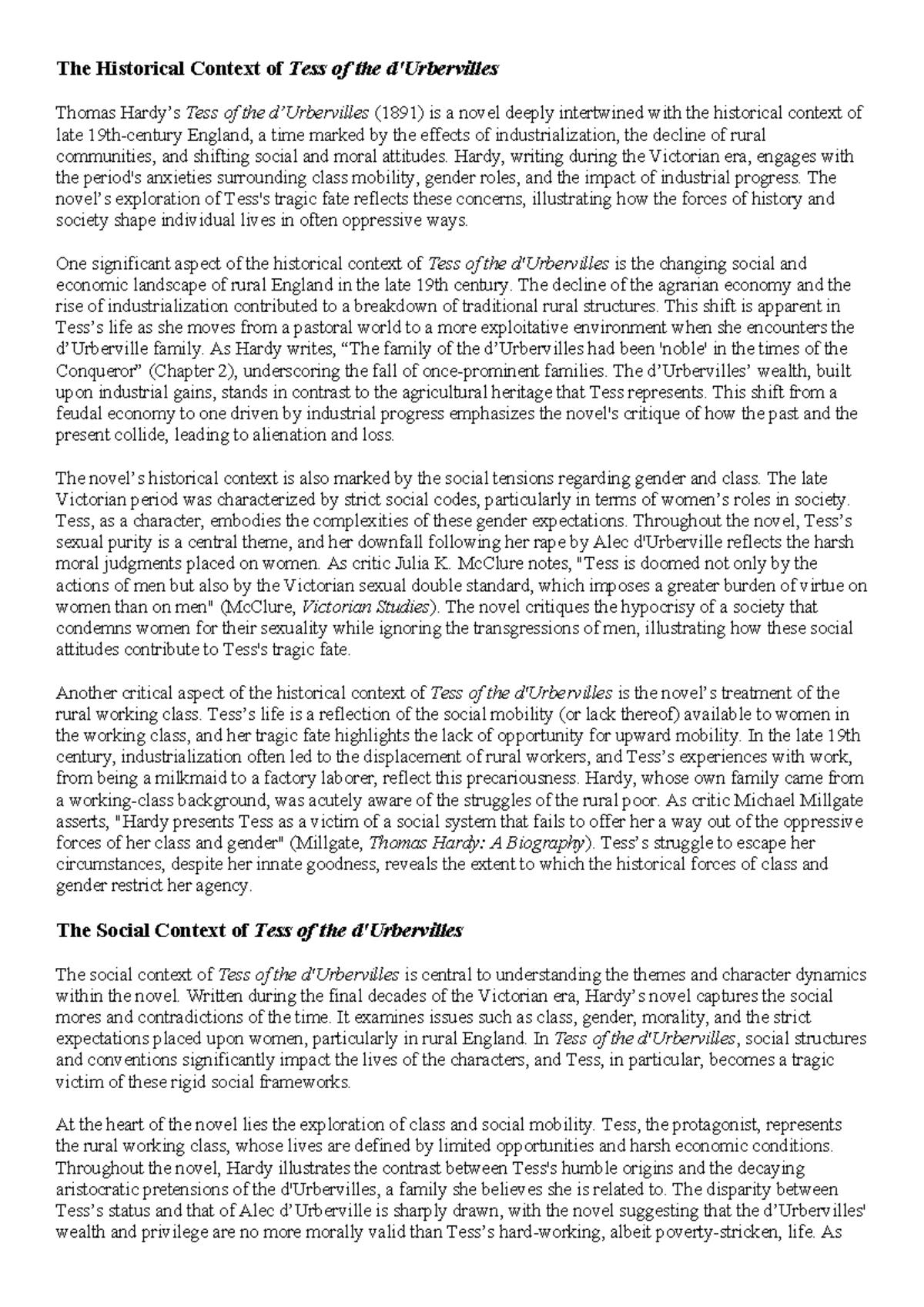 TESS OF THE DURBERVILLES: Historical, Social, and Literary Contexts ...