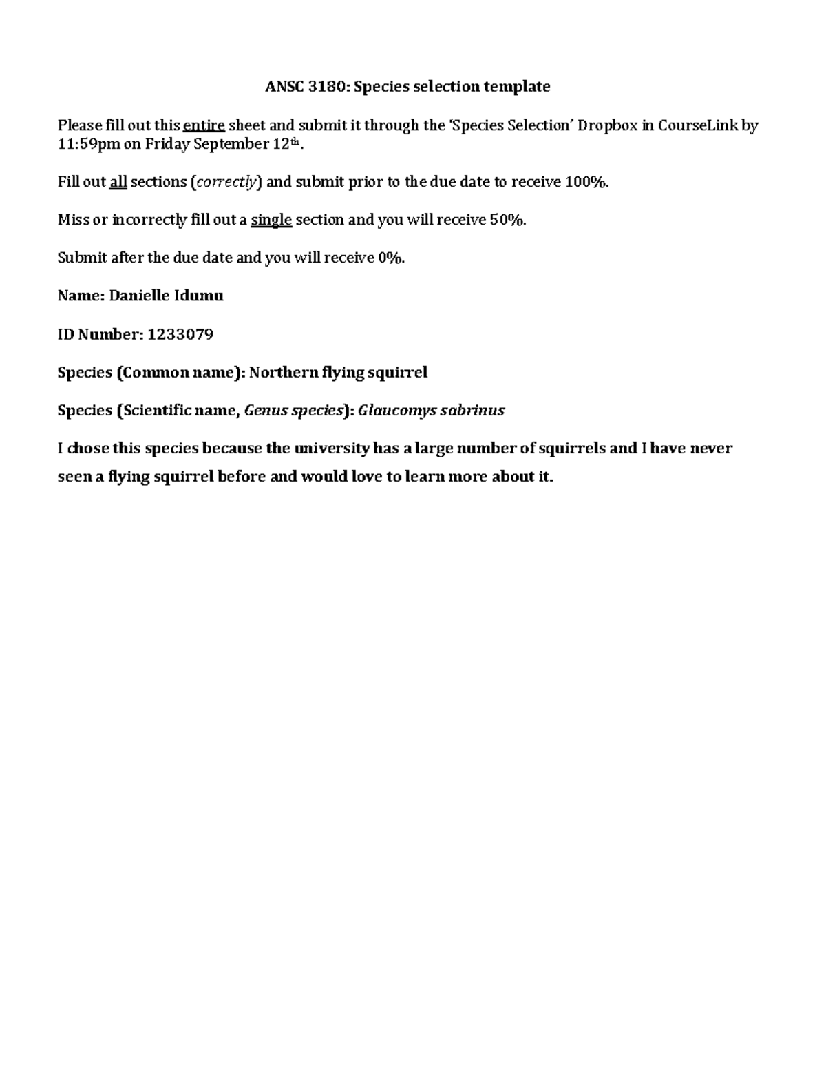 ANSC 3180: Species Selection Template Submission Guide - Studocu
