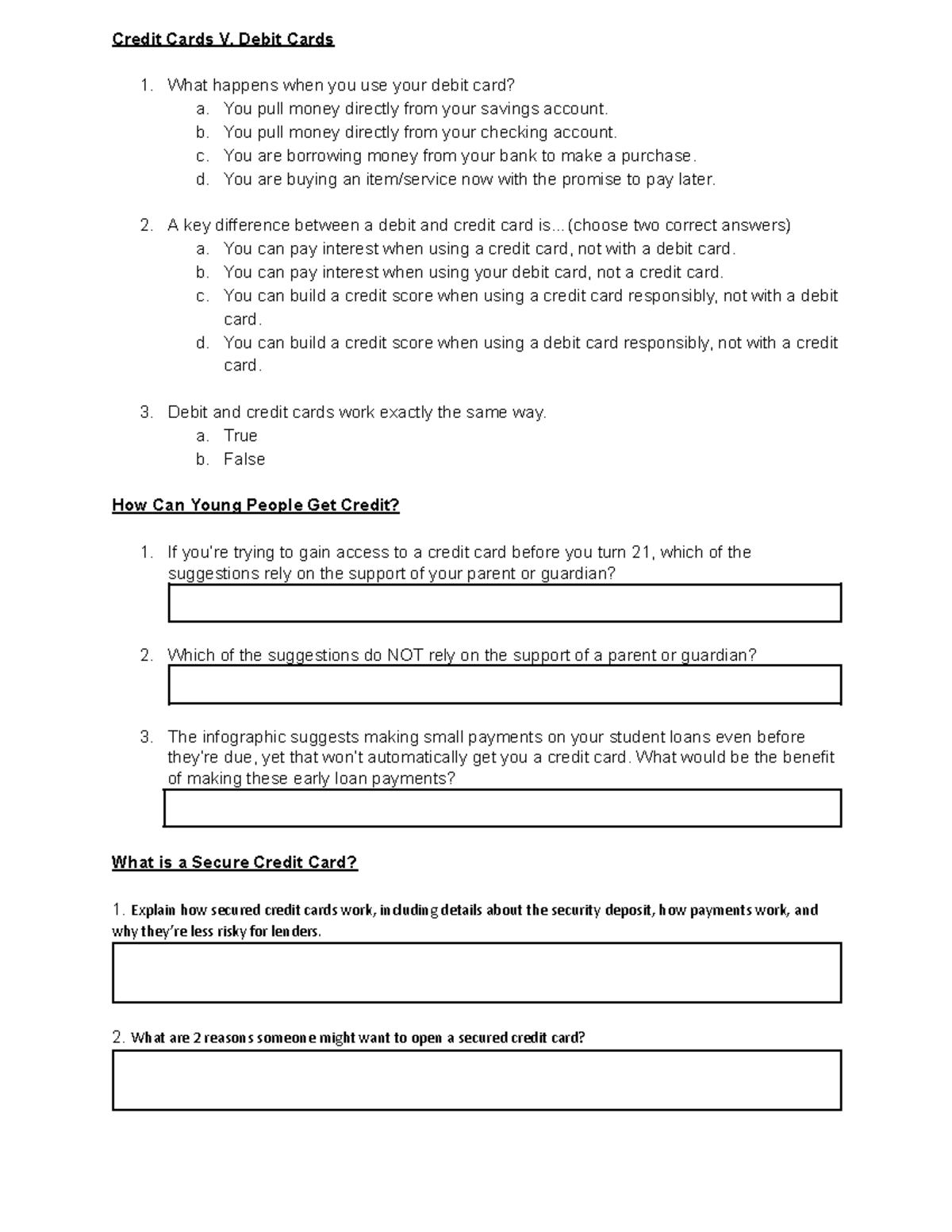 Student Activity Packet 5.3: Understanding Credit vs. Debit Cards - Studocu