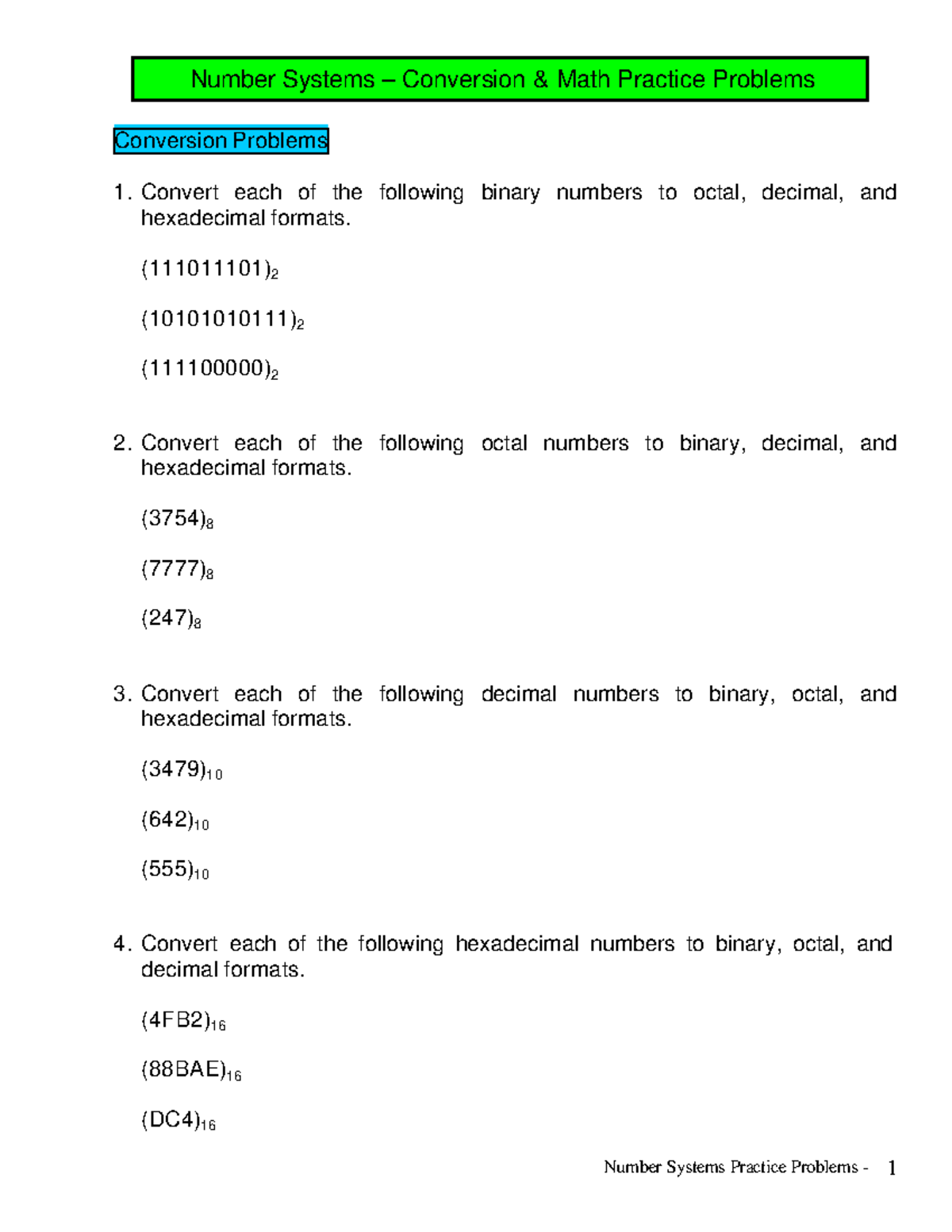 Numprob - None - Conversion Problems Convert each of the following binary numbers to octal ...